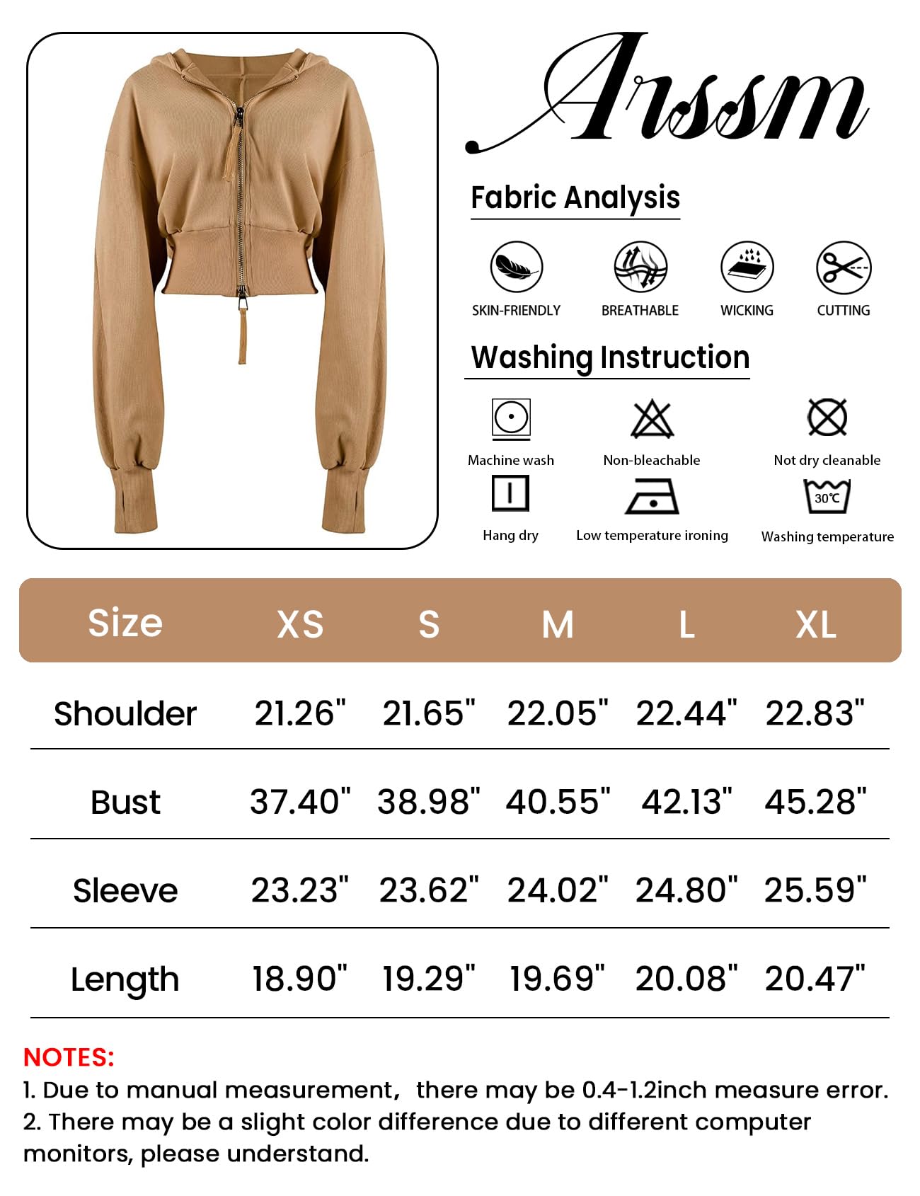 Arssm Cropped Hoodie Women Long Sleeve Sweatshirts Casual Fashion Hooded Zip up Workout Jacket with Thumb Holes(Khaki-L)