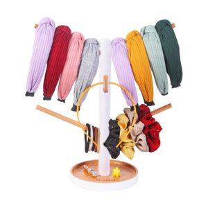 mugfilwj headband holder organizer with 6 branches wooden scrunchie display hanger with bottom bracket for hair hoop hairband gifts for girls and women (white with non-slip silicone strip)