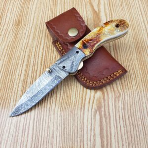 CLOUD KILT Handmade Pocket Folding Knife With Leather Sheath Premium Quality Best Hunting Gear Pocket Knives Gifts For Men (Camel Engraving Bone)