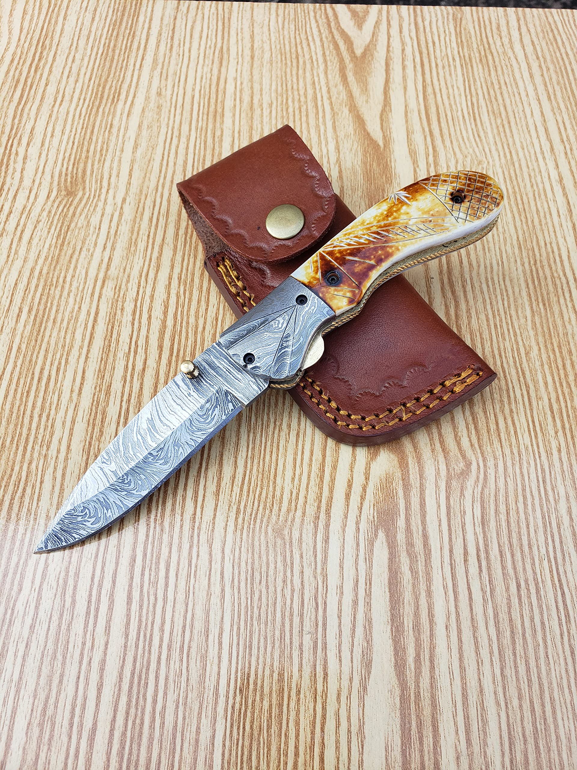 CLOUD KILT Handmade Pocket Folding Knife With Leather Sheath Premium Quality Best Hunting Gear Pocket Knives Gifts For Men (Camel Engraving Bone)