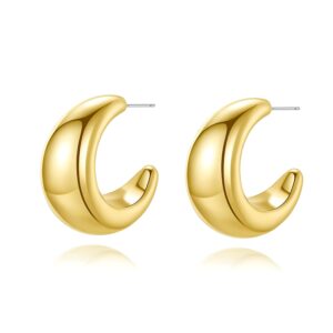 chunky stud half hoop earrings for women stud half open earrings filled simple hypoallergenic jewelry gold & silver (large) (gold)