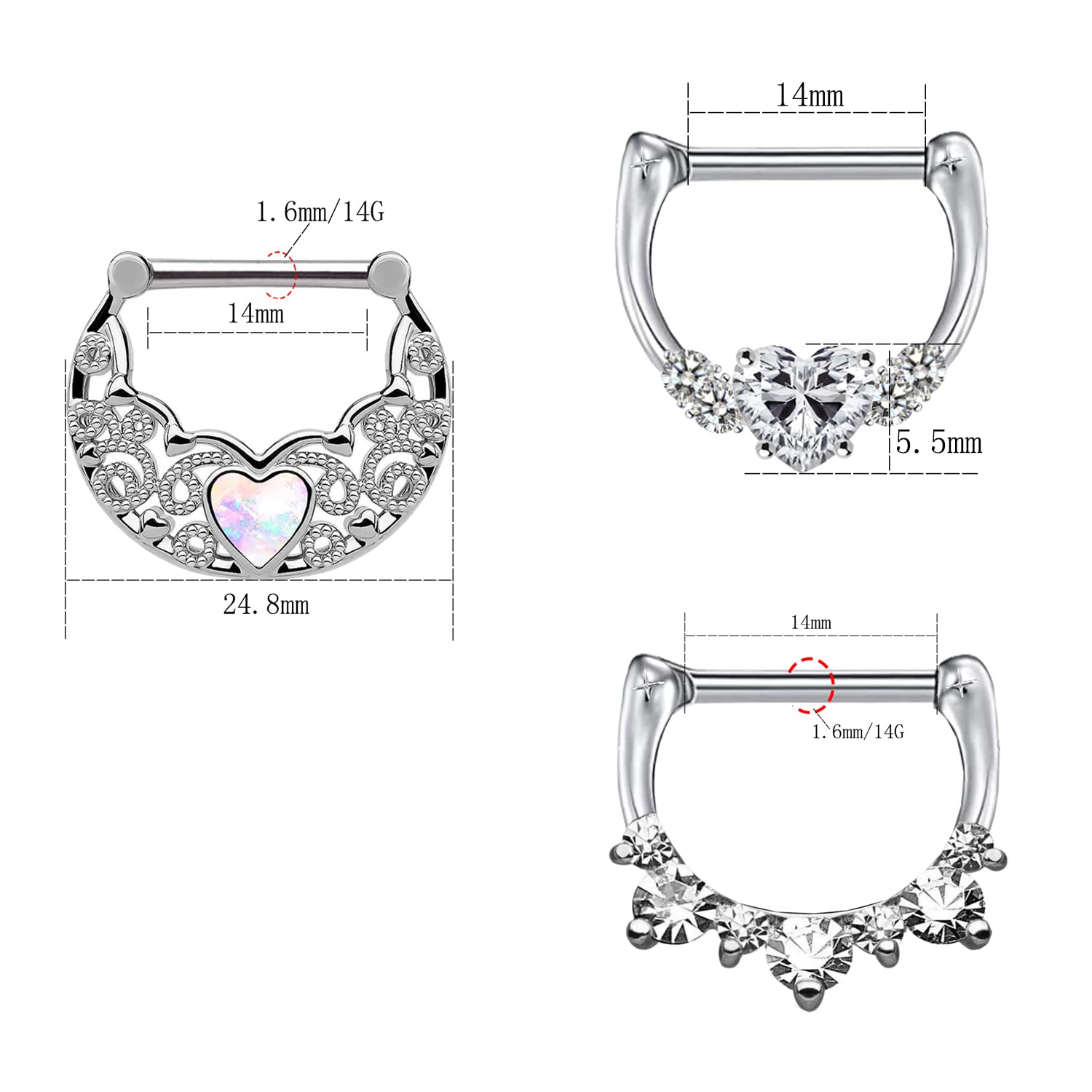 FLOGWE 14G 316L Heart Nipple Cliker Surgial Steel Opal Nipple Ring Nipple Piercing Jewelry Shiny Heart Clear CZ Nipple Bars Nipple Barbell for Women…