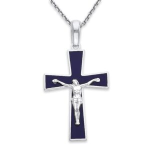 solid 14k gold cross necklace with blue enamel, made in america, cross chain for men and women (22" necklace, white gold)