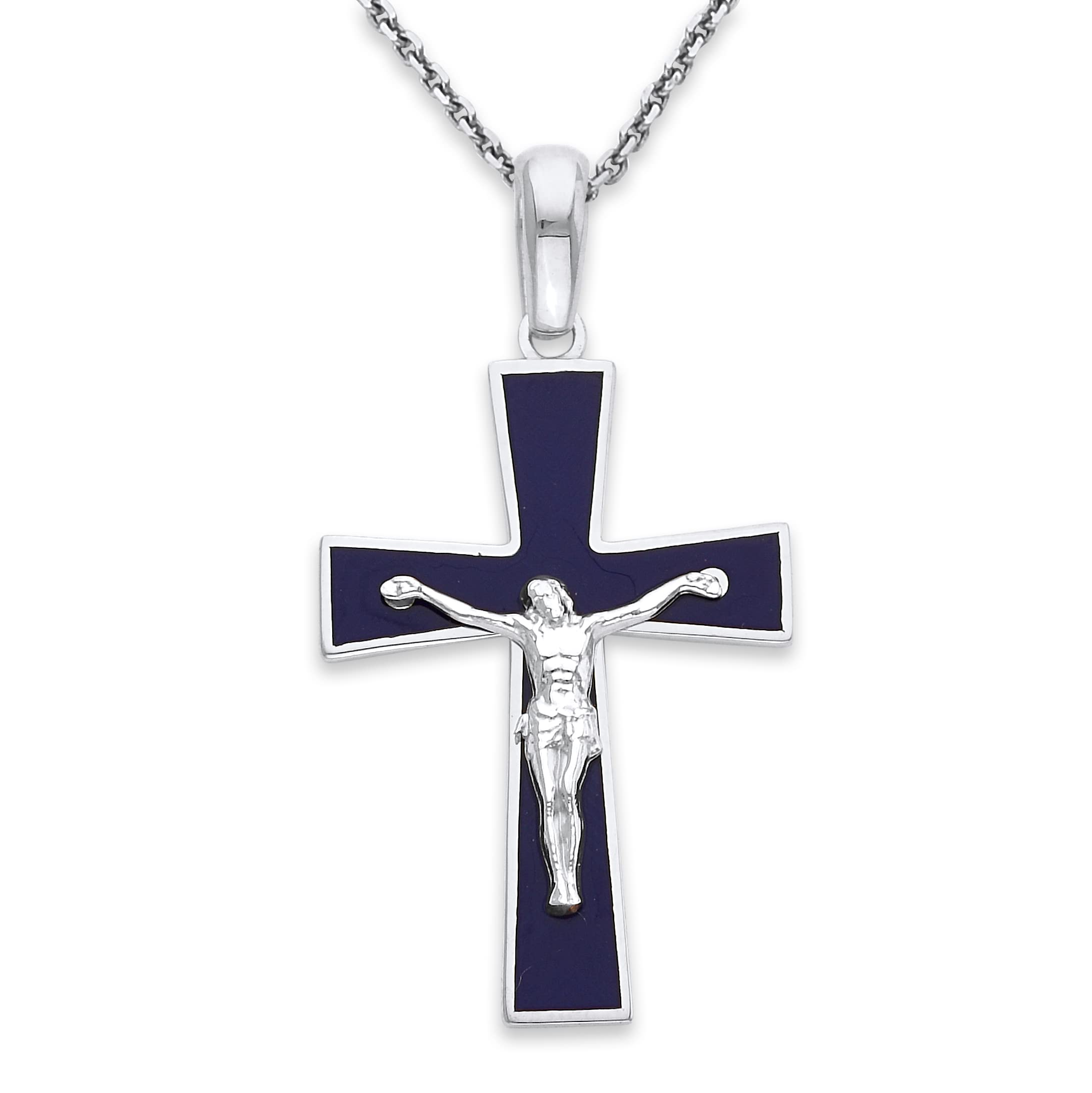 Solid 14k Gold Cross Necklace with Blue Enamel, Made in America, Cross Chain for Men and Women (22" Necklace, White Gold)