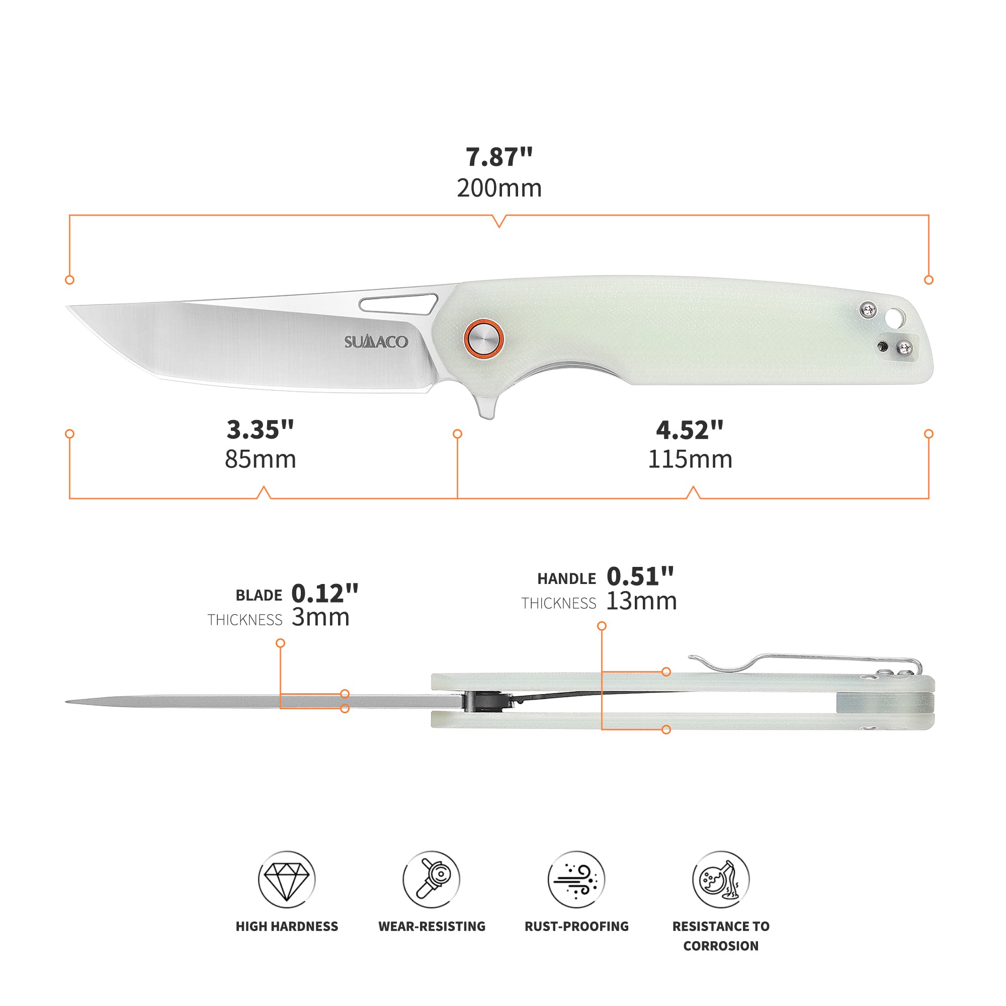 SUMACO Folding Knife Stonewash D2 Steel Balde G10 pocket knife for men Tactical knife Handle Pocket Knife EDC 3.35" survival knives hunting camping