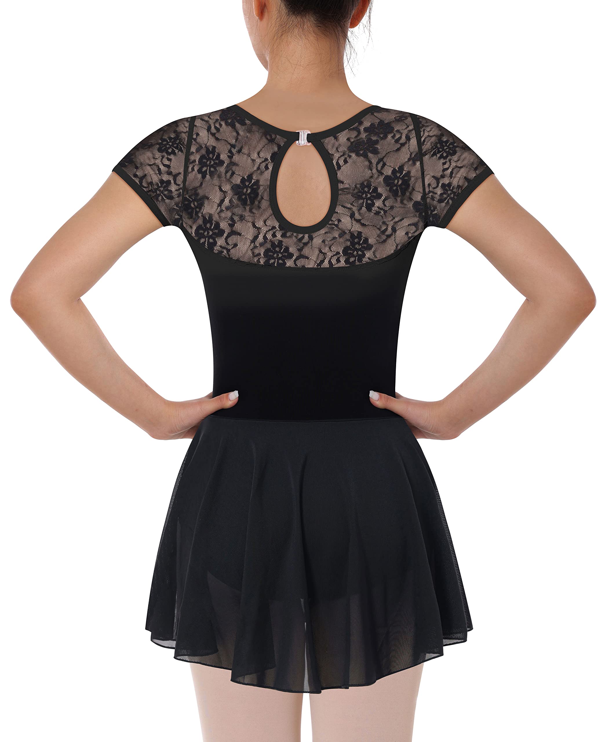 BAKPH Women Dance Ballet Leotard with Skirt,Adult Lace Short Sleeve Ballerina Dancewear(W7027-06-L)