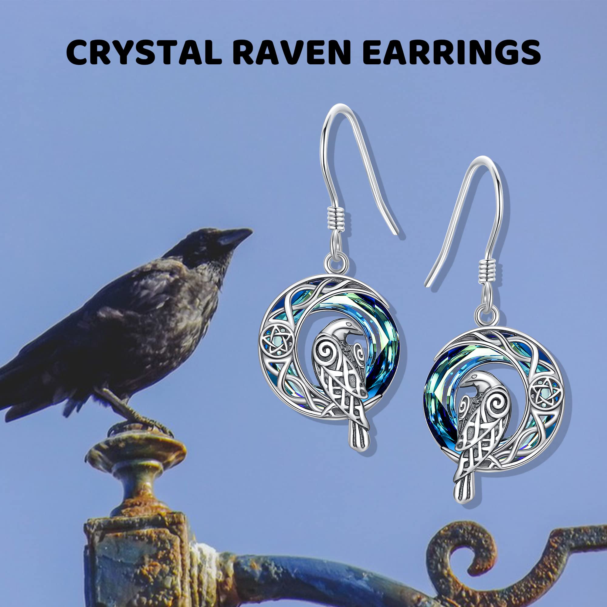 Crystal Raven Earrings Sterling Silver Crow Viking Odin Bird Drop Earrings Blue Crystal Raven on Moon Jewelry Gifts for Women