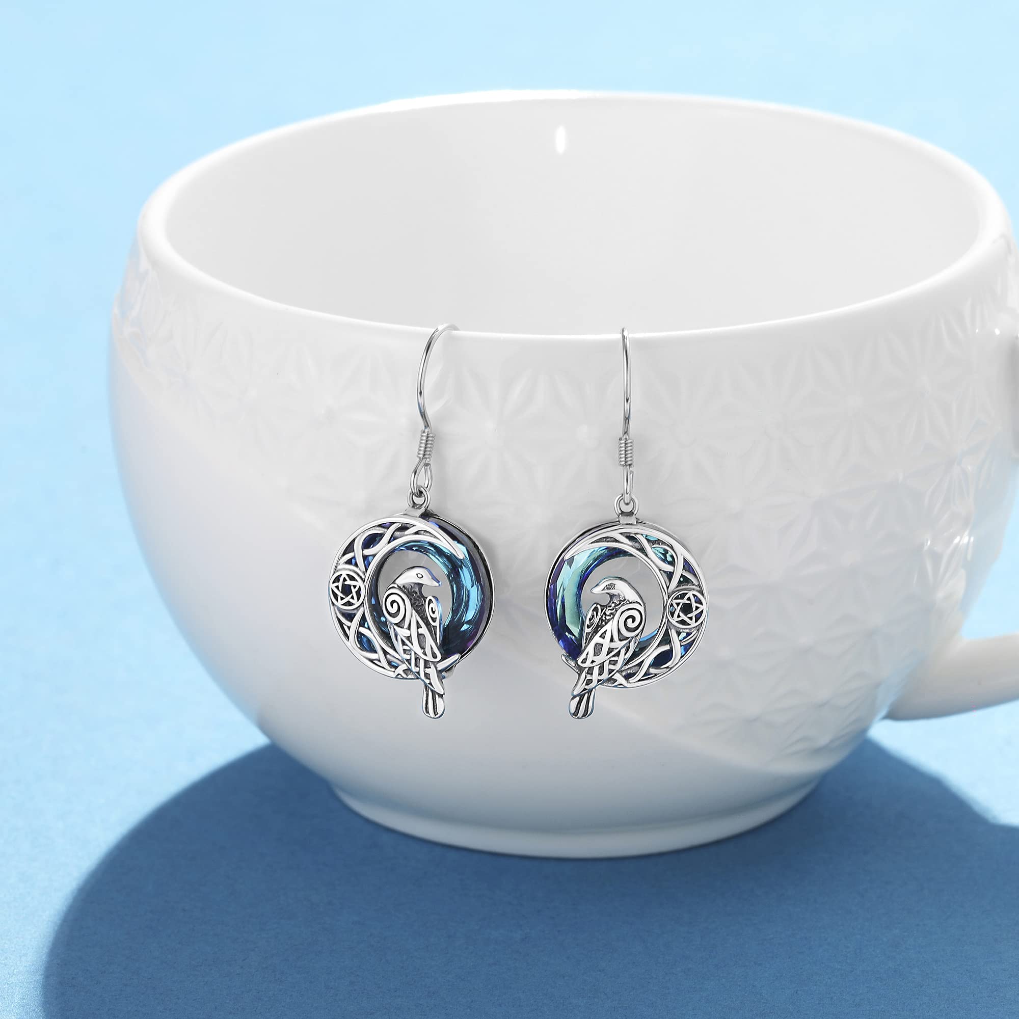 Crystal Raven Earrings Sterling Silver Crow Viking Odin Bird Drop Earrings Blue Crystal Raven on Moon Jewelry Gifts for Women