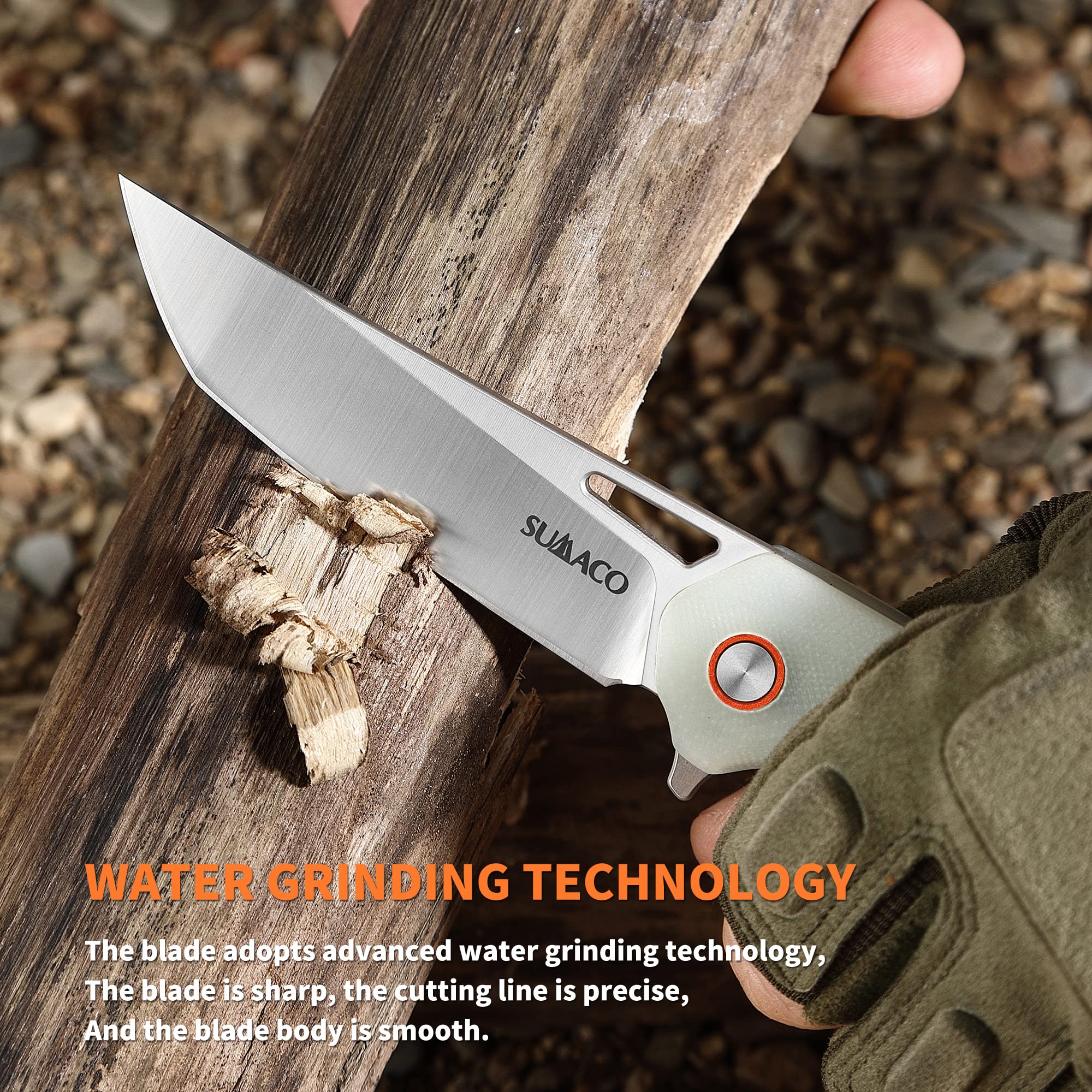 SUMACO Folding Knife Stonewash D2 Steel Balde G10 pocket knife for men Tactical knife Handle Pocket Knife EDC 3.35" survival knives hunting camping