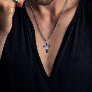 Solid 14k Gold Cross Necklace with Blue Enamel, Made in America, Cross Chain for Men and Women (22" Necklace, White Gold)