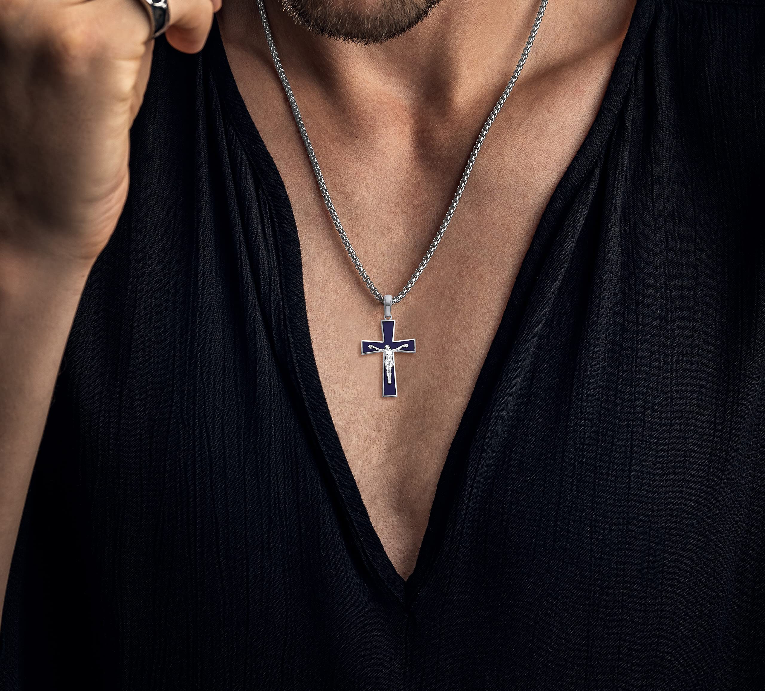 Solid 14k Gold Cross Necklace with Blue Enamel, Made in America, Cross Chain for Men and Women (22" Necklace, White Gold)