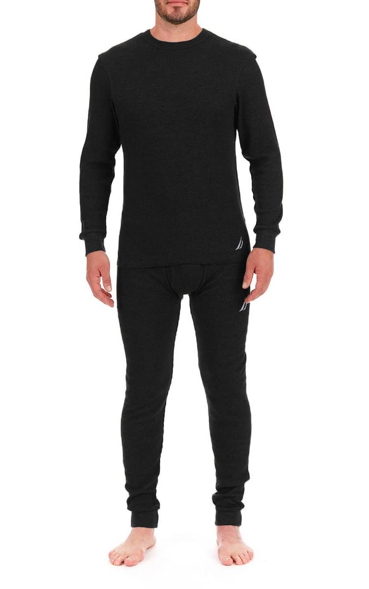 Nautica Men's Long Sleeve Base Layer Set Crewneck Waffle Thermal Underwear Top and Bottom Set (Black, Medium)