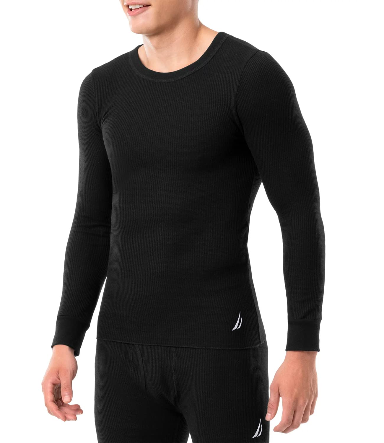 Nautica Men's Long Sleeve Base Layer Set Crewneck Waffle Thermal Underwear Top and Bottom Set (Black, Medium)