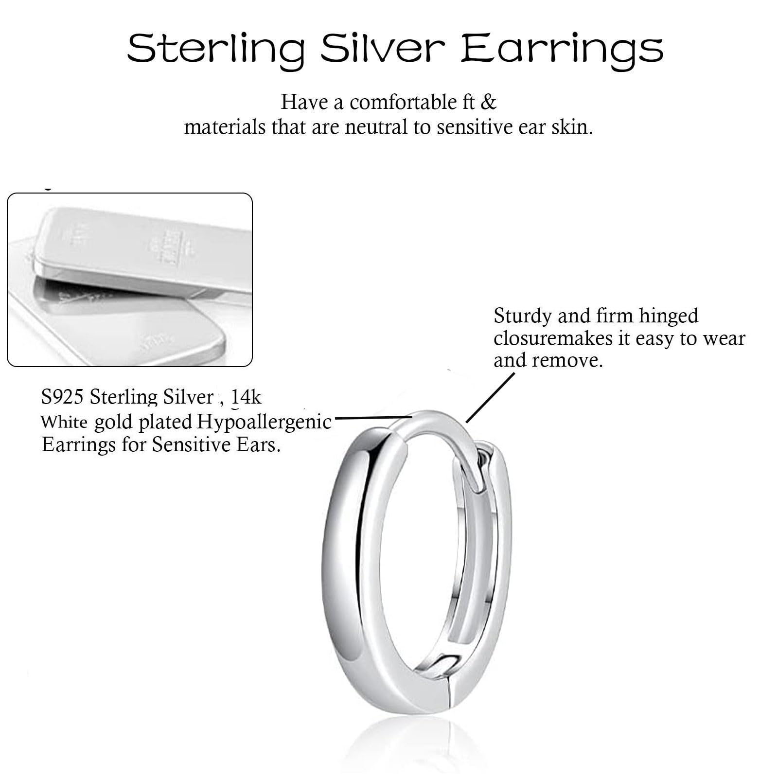 3 Pairs Sterling Silver Earrings Sets for Multiple Piercing Small White Gold Plated Huggie Hoop Earrings for Women Trendy Cartilage Hypoallergenic(10 13 15MM)