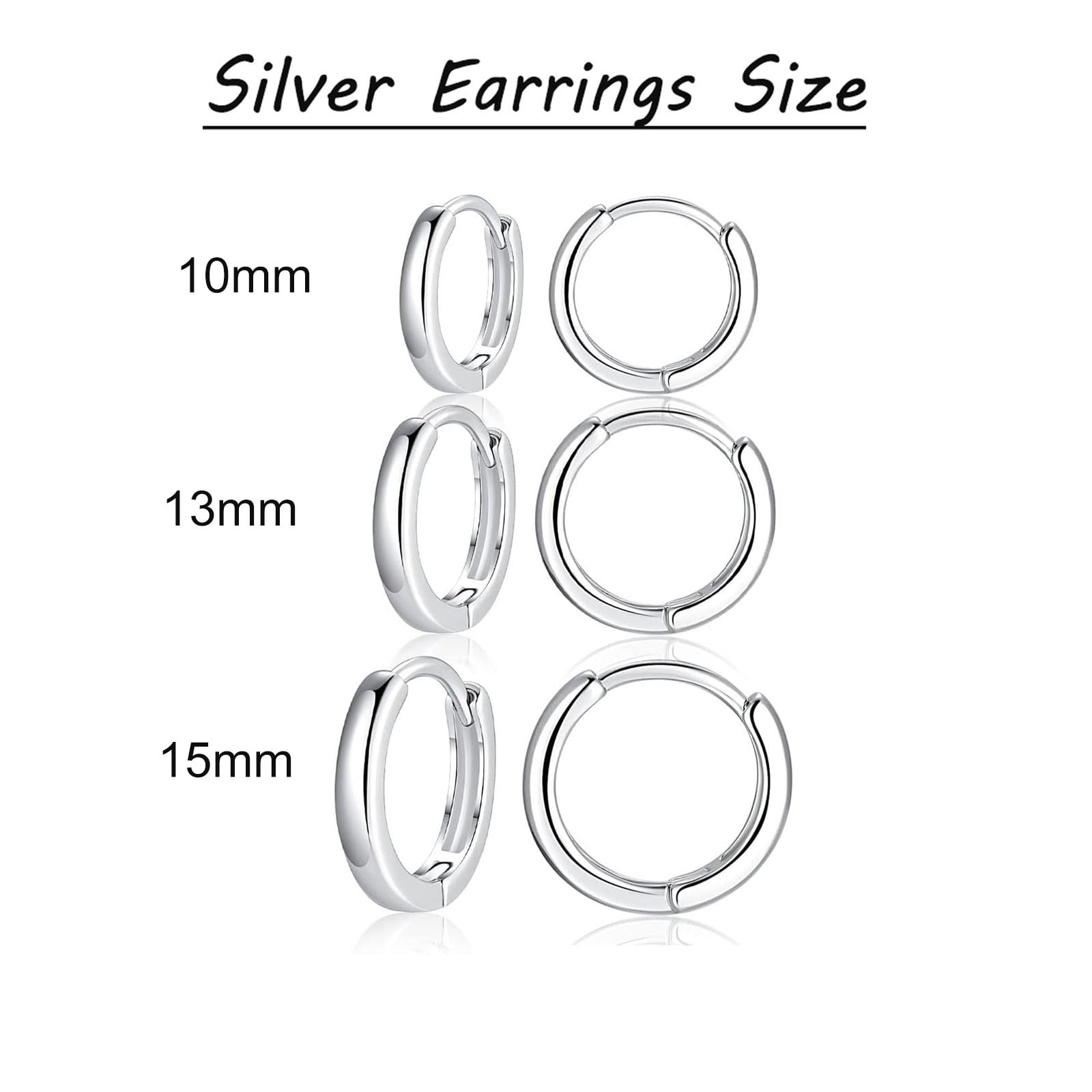 3 Pairs Sterling Silver Earrings Sets for Multiple Piercing Small White Gold Plated Huggie Hoop Earrings for Women Trendy Cartilage Hypoallergenic(10 13 15MM)