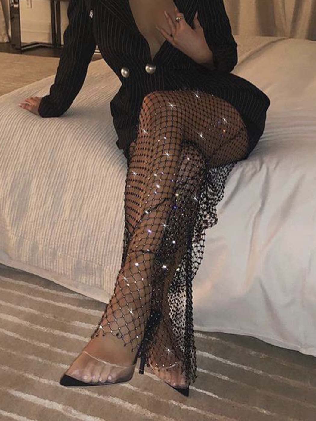 Lorealri Mesh Fishnet Pants Black Rhinestone Leggings Sparkly Crystal Cover Up Hollow Out See Through Bottoms Bikini,47.2in/120cm