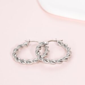 Limerencia hypoallergenic Pure Titanium Twisted Rope Round Hoop Earrings for women (24mm Twisted Rope Hoop, Silver)