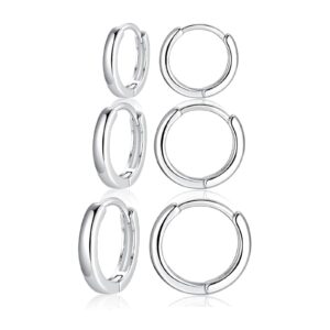 3 pairs sterling silver earrings sets for multiple piercing small white gold plated huggie hoop earrings for women trendy cartilage hypoallergenic(10 13 15mm)