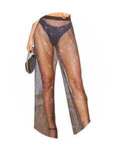 lorealri mesh fishnet pants black rhinestone leggings sparkly crystal cover up hollow out see through bottoms bikini,47.2in/120cm