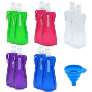 10pcs collapsible reusable water bottle with carabiner clip and folding funnel, for for gym, sports, teams, hiking, camping, biking, outdoors, beach, traveling, yoga & more, 5 color