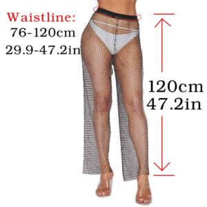 Lorealri Mesh Fishnet Pants Black Rhinestone Leggings Sparkly Crystal Cover Up Hollow Out See Through Bottoms Bikini,47.2in/120cm