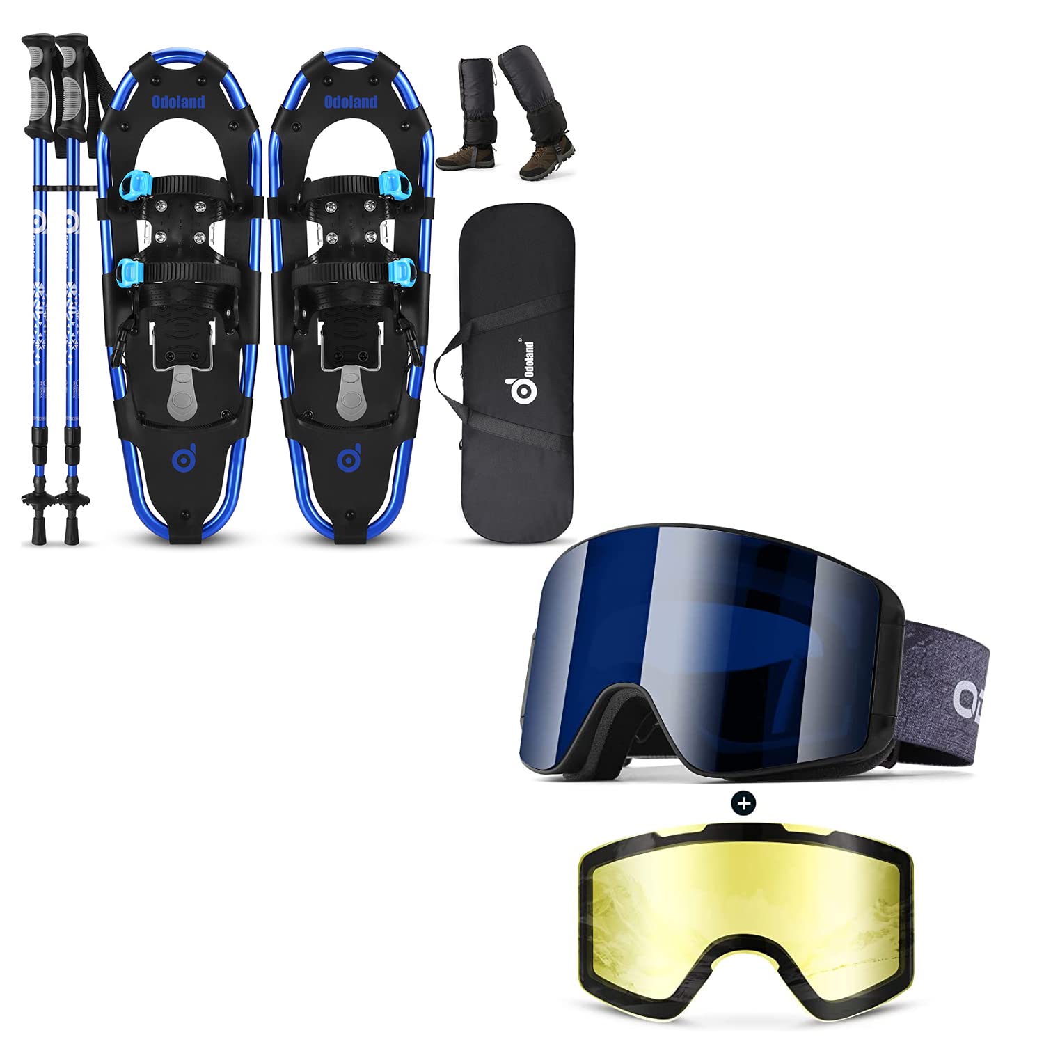 Odoland Bundle - 2 Items 4-in-1 Snowshoes with Trekking Poles, Blue, L and Ski Goggles with Detachable Lens, Black Frame Blue Lens vlt 13%