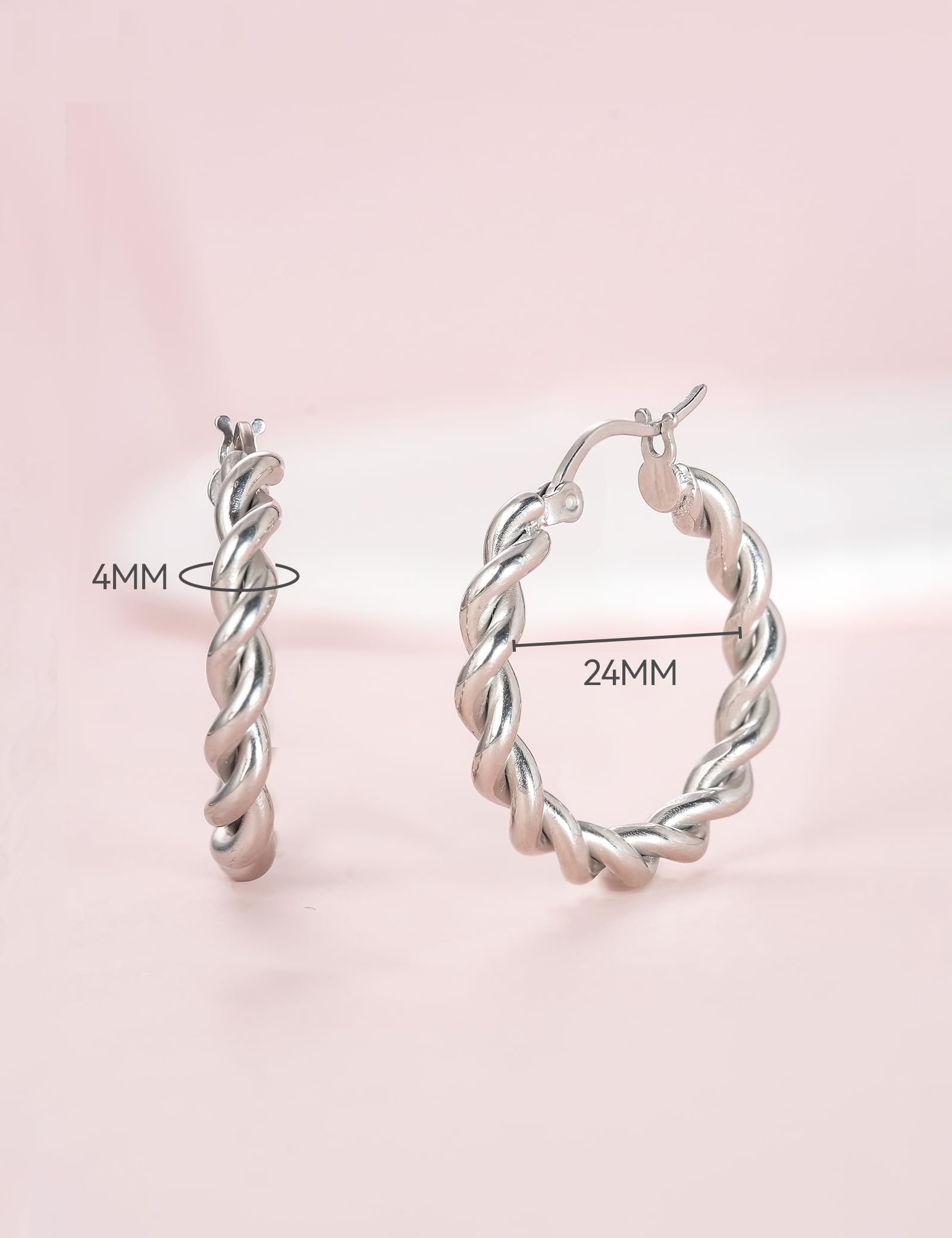 Limerencia hypoallergenic Pure Titanium Twisted Rope Round Hoop Earrings for women (24mm Twisted Rope Hoop, Silver)