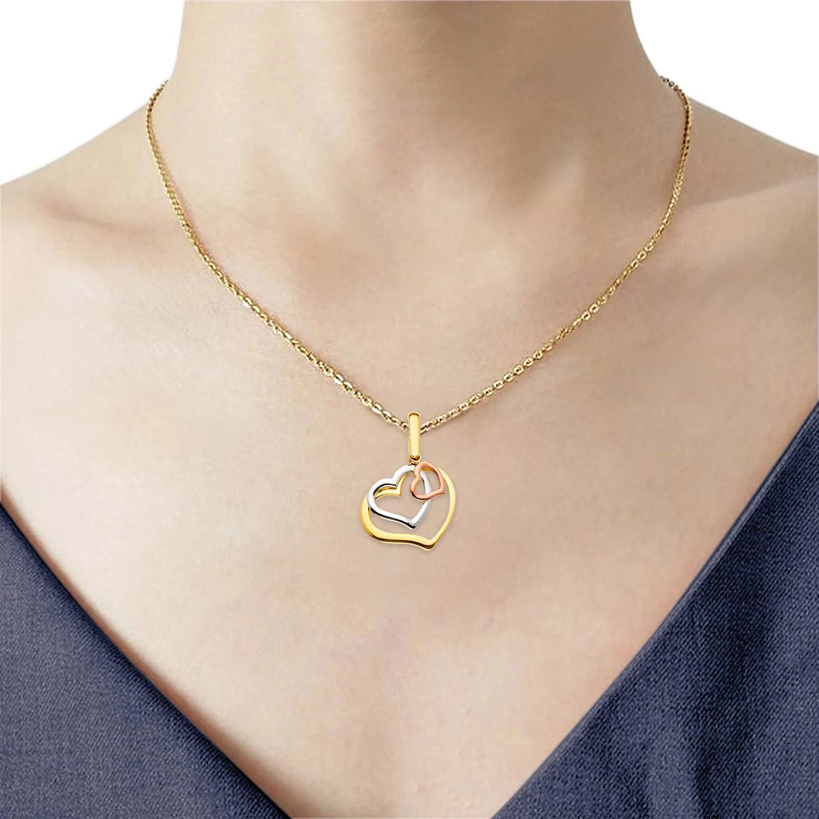 OMRANII 14K Tri Color Gold 3 Hearts Pendant 26mmX19mm 2.3 grams