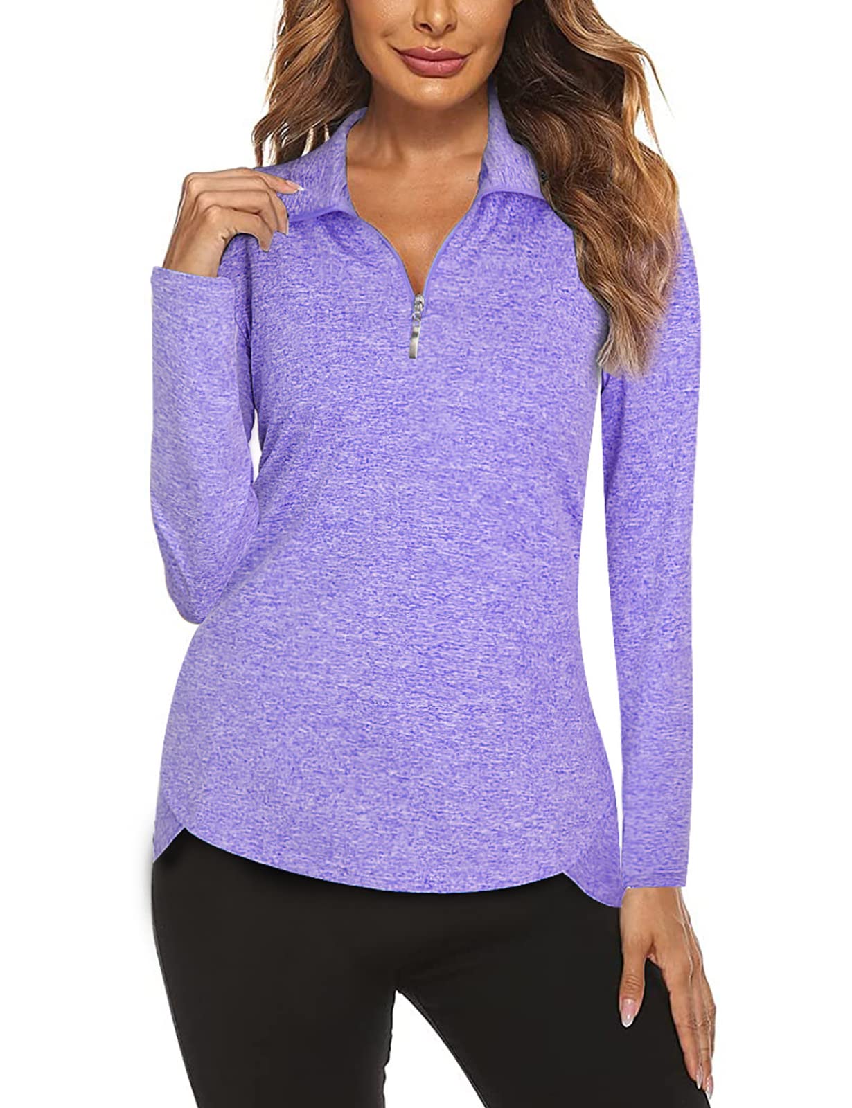 Koscacy V Neck Top Women, Golf Tennis Shirt Breathable Zipper Running Workout Outdoor Tops Yoga Biking Daily Casual Wear Aline Soft Shirts Purple XX-Large