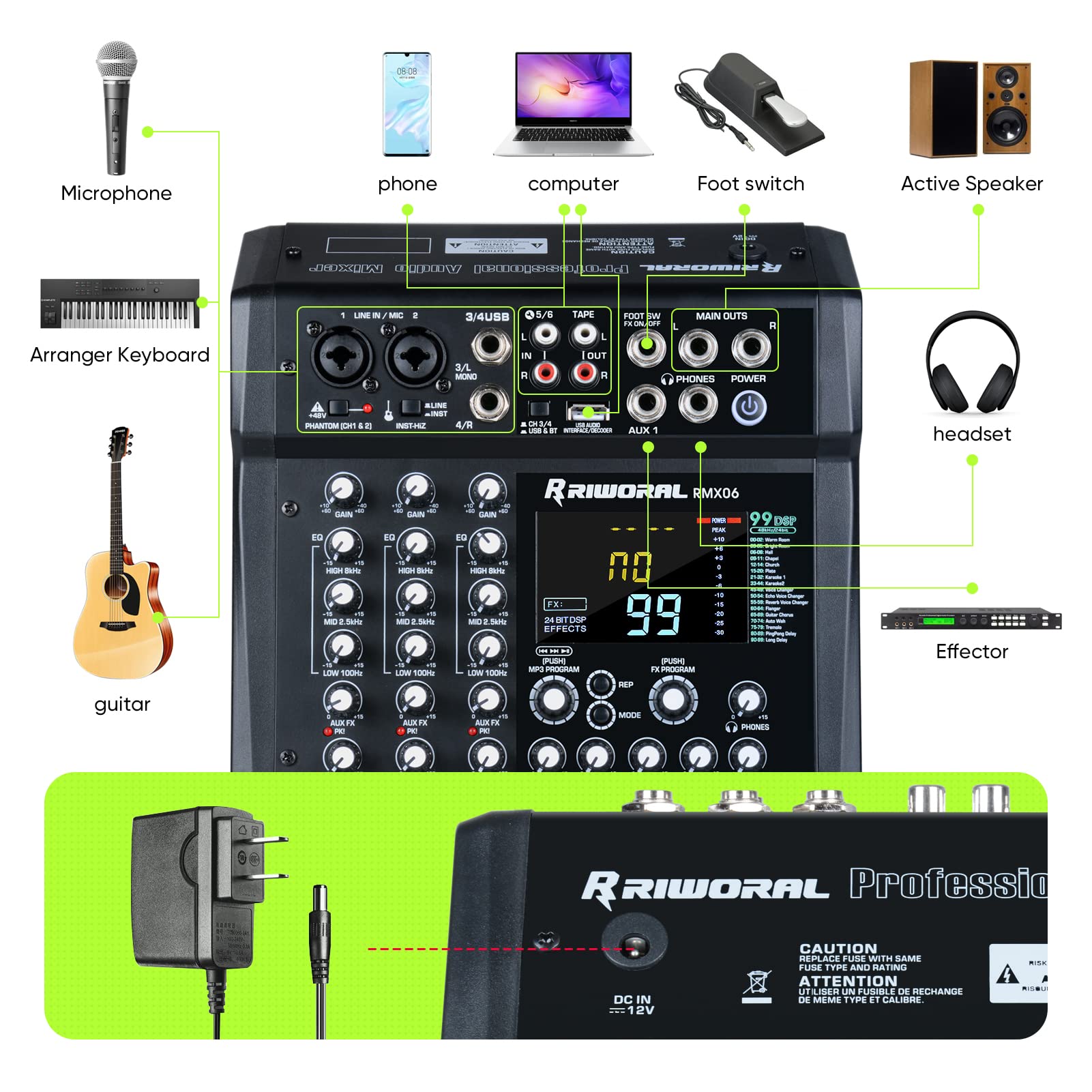 6 Channel Audio Interface Mixer Sound Board 99 DSP Digital Effects With 48khz/24bit Bluetooth USB Rac Interface As Mp3 Player Audio Mixer Feet Switch On/off For Karaoke Dj Studio Streaming Recording