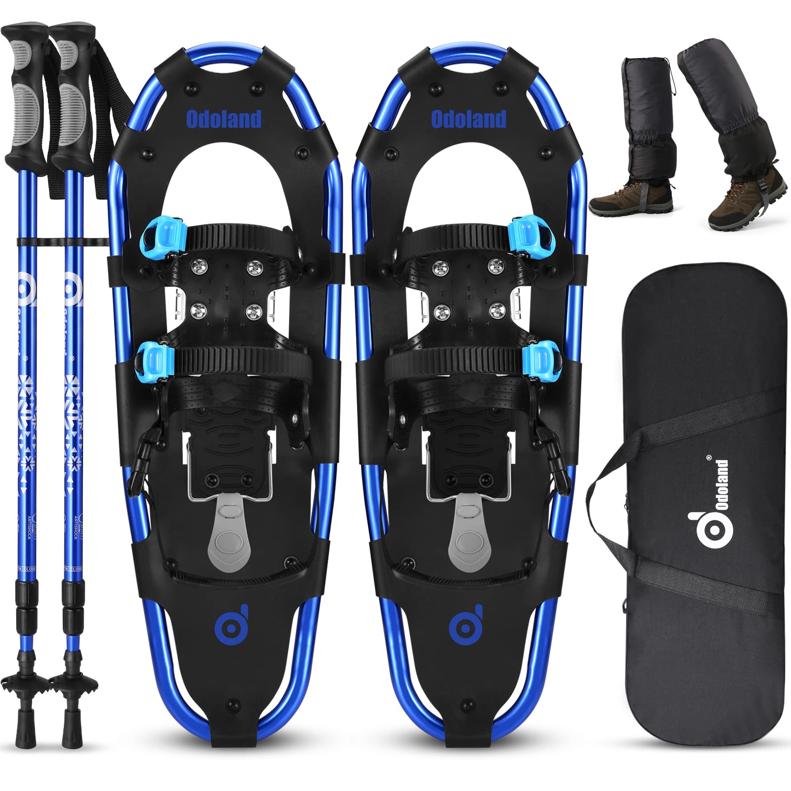 Odoland Bundle - 2 Items 4-in-1 Snowshoes with Trekking Poles, Blue, L and Ski Goggles with Detachable Lens, Black Frame Blue Lens vlt 13%