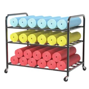 yllffll large yoga mat storage cart rack with wheels, 3 - layers metal workout organizer for yoga mat display & home exericse display stand (color : black)