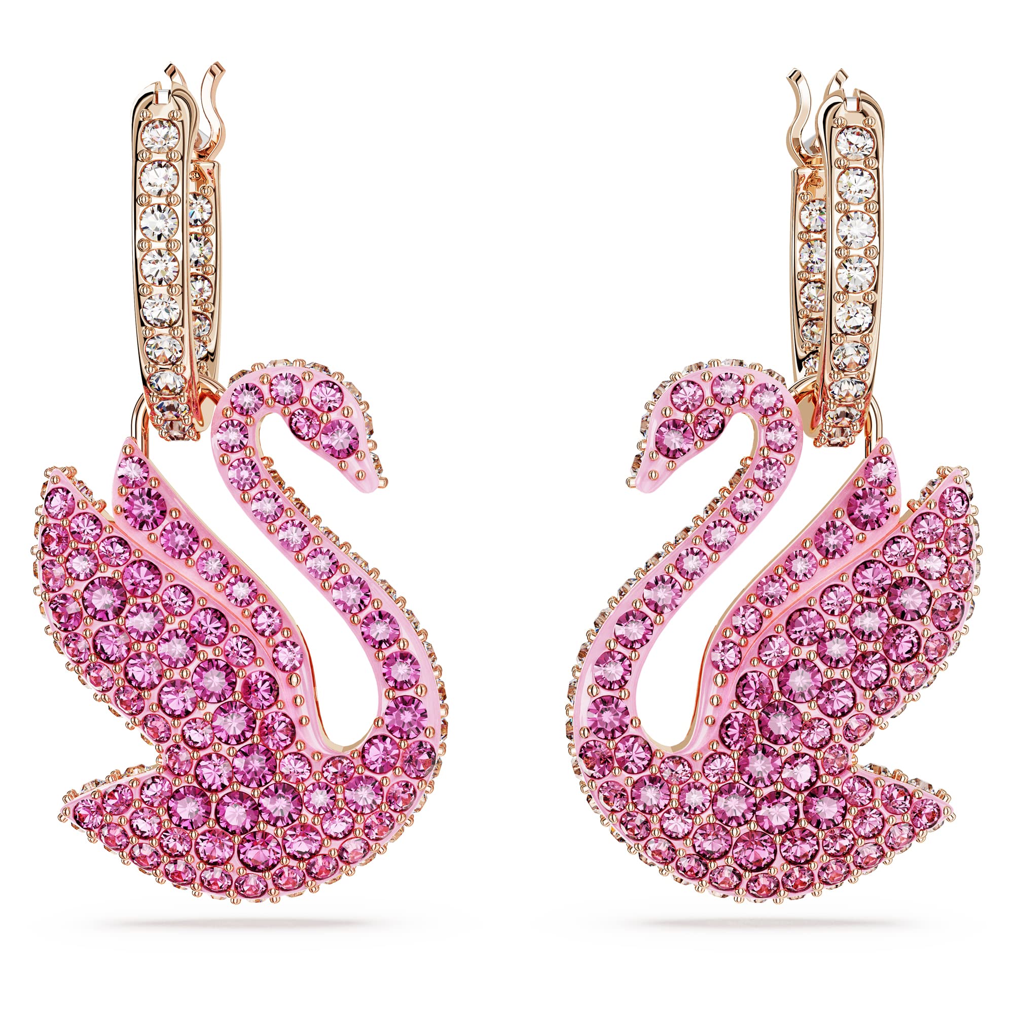 SWAROVSKI Iconic Swan Drop Pierced Earrings, Swan Motif with Pink Crystal Pavé on a rose-gold tone Finished Setting, Part of the Swarovski Iconic Swan Collection