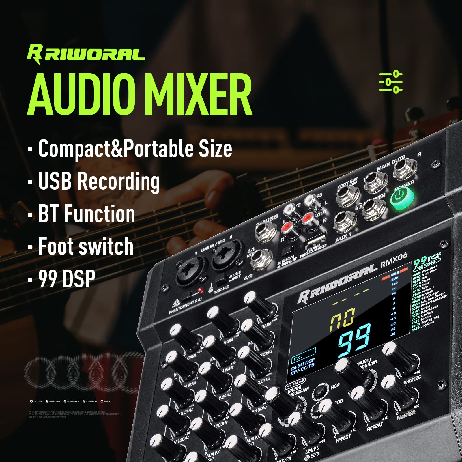 6 Channel Audio Interface Mixer Sound Board 99 DSP Digital Effects With 48khz/24bit Bluetooth USB Rac Interface As Mp3 Player Audio Mixer Feet Switch On/off For Karaoke Dj Studio Streaming Recording