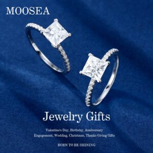 MOOSEA Princess Cut Engagement Ring for Women, 1.5ct D Color VVS1 Clarity Lab Created Diamond Rings 14K White Gold Vermeil V Setting Moissanite Promise Rings for Her Jewelry Gifts