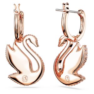 swarovski iconic swan drop pierced earrings, swan motif with pink crystal pavé on a rose-gold tone finished setting, part of the swarovski iconic swan collection