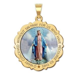 picturesongold.com 10k yellow gold miraculous medal necklace, catholic virgin mary pendant, sterling silver scalloped round (2/3 x 2/3 inch). ideal for men and women, suitable for christian or first communion gifts.