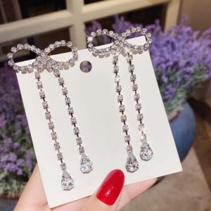 LAKIYOYO Rhinestones Bow Drop Earrings for Women Crystal Silver Bowknot Tassels Statement Earrings Lightweight Shiny Bar Earrings Set Jewelry