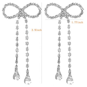 LAKIYOYO Rhinestones Bow Drop Earrings for Women Crystal Silver Bowknot Tassels Statement Earrings Lightweight Shiny Bar Earrings Set Jewelry