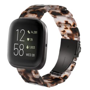 awsmor compatible with fitbit versa 2 /versa/versa lite band women men resin wristbands strap with metal stainless steel buckle replacement for fitbit versa 2 smartwatch（tortoise flower）