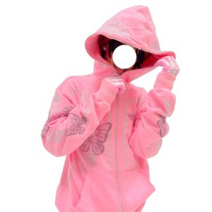 iTranyee Unisex Adult Y2k Rhinestone Skeleton Zipper Hoodies Punk Sparkly Oversized Hooded Sweatshirt Goth Loose Jacket (Pink, S)