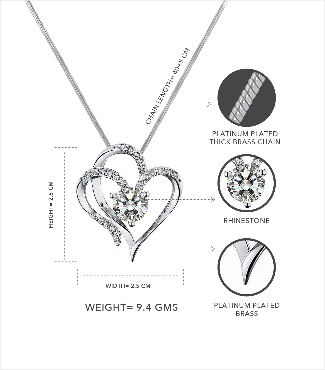 REJOY24 Heart Pendant Goodluck Necklace made of Brass, Platinum Plated coating with Shiny Rhinestone (Box included)