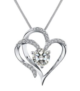 rejoy24 heart pendant goodluck necklace made of brass, platinum plated coating with shiny rhinestone (box included)