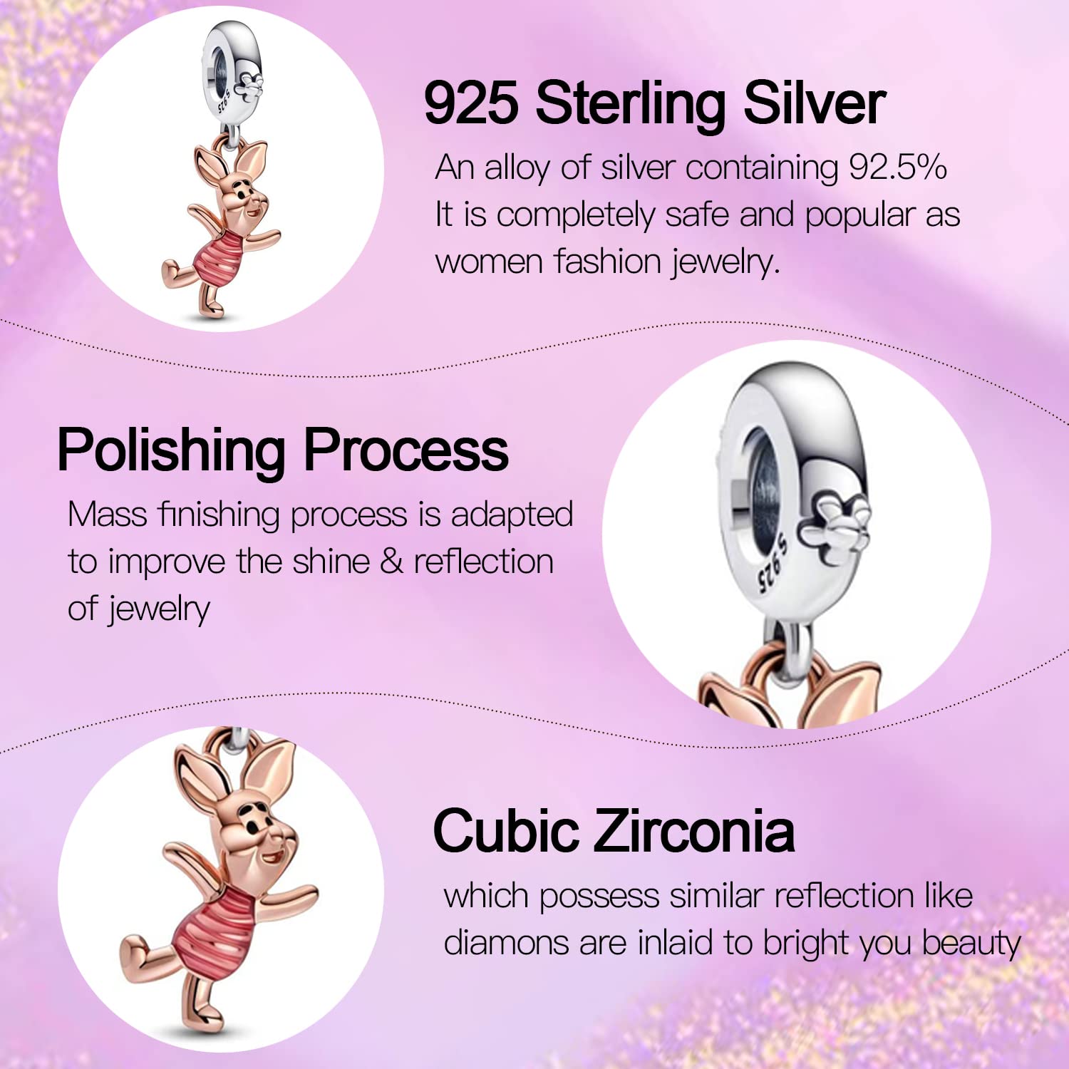 TAORUI Piglet Dangle Charm for Women Bracelets Necklaces in 925 Sterling Silver,Mother's Day Birthday Christmas Valentine's Day Gifts for Women