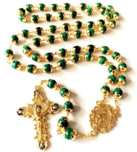 elegantmedical handmade 18k gold plated undoubted malachite rosary prayer beads necklace catholic gift & box