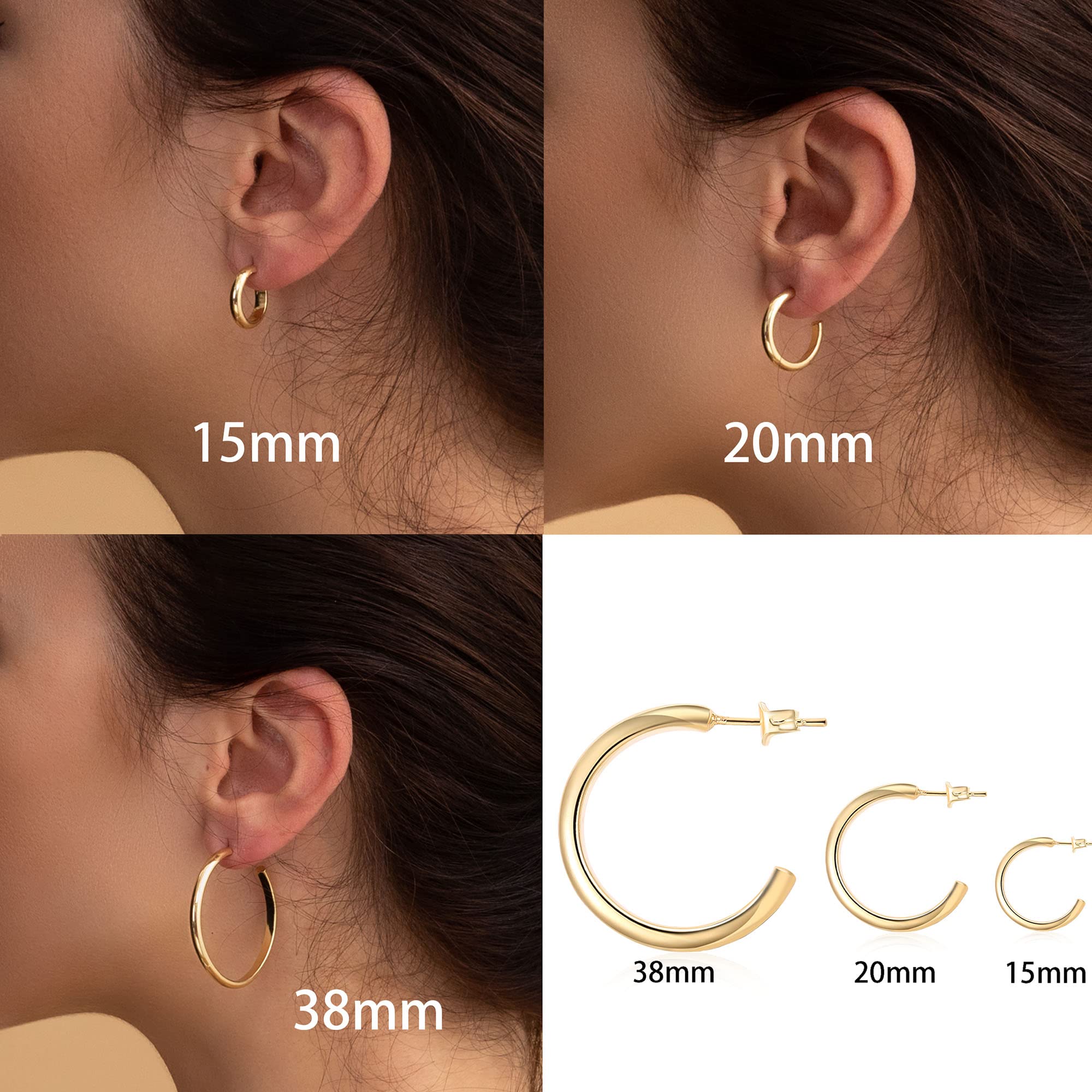 14K Gold Hoop Earrings for Women, Open Hoops Chunky Gold Hoops for Women with Silver Post, Hypoallergenic Hoops Earrings Lightweight for Women |15mm, 20mm, 38mm