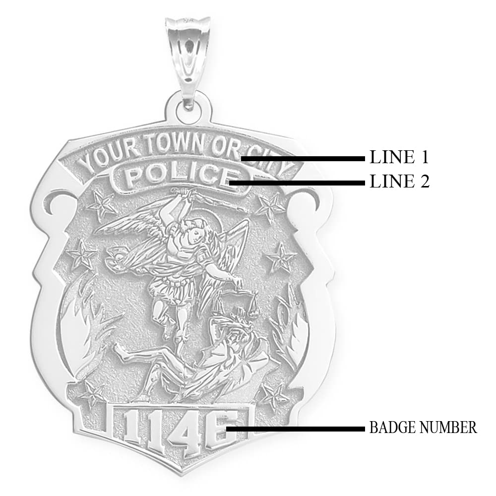 PicturesOnGold.com Saint Michael Personalized Police Badge with Department & Badge Number in Solid 14k Yellow Gold, 14k White Gold or Sterling Silver (2/3 x 3/4 Inch, 14k Yellow Gold)