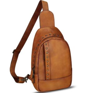 ivtg genuine leather sling bag for women sling backpack chest shoulder hiking daypack vintage handmade casual crossbody purse (brown)