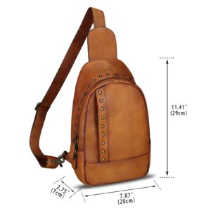 IVTG Genuine Leather Sling Bag for Women Sling Backpack Chest Shoulder Hiking Daypack Vintage Handmade Casual Crossbody Purse (Brown)