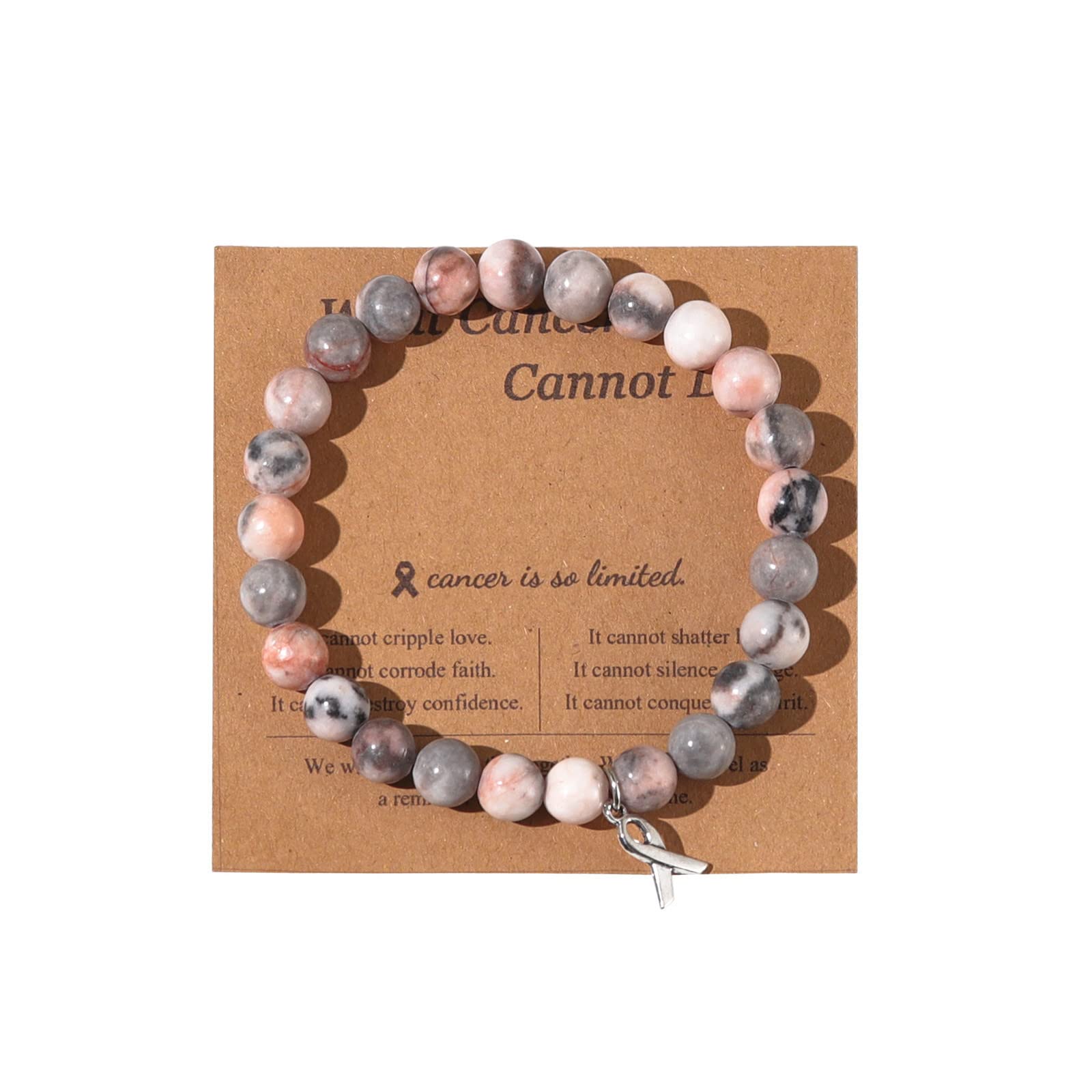 Natural Stone Bead Ribbon Charm Bracelet with Message Card Breast Cancer Awareness Bracelet for Women Mother Stretchy Inspirational Jewelry Gift-B pink